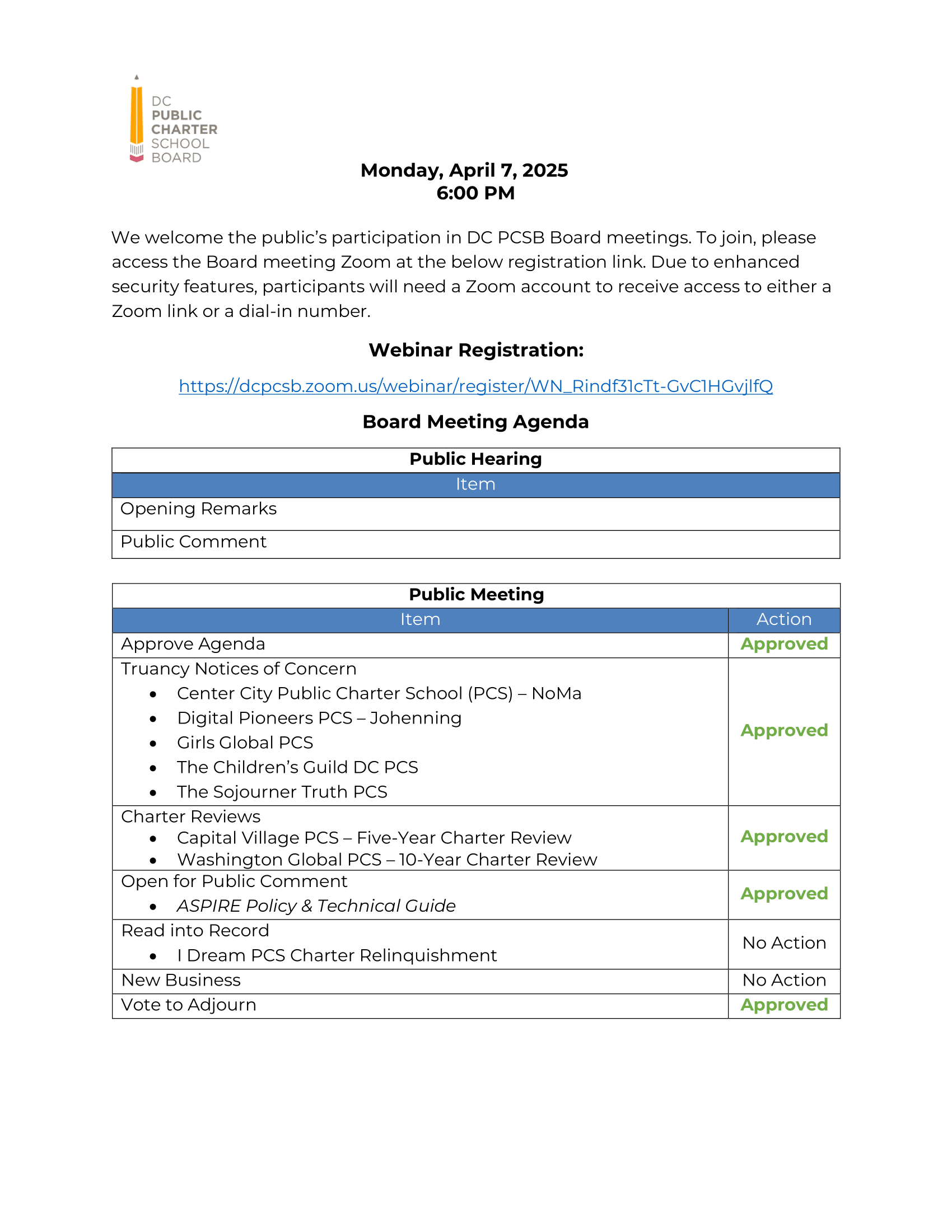 Board Meeting - April 2025 | DC PCSB